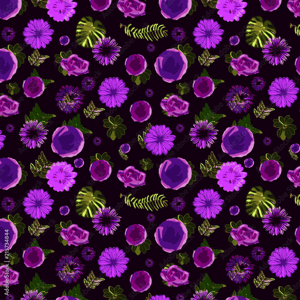 beautiful violet flowers and green leaves in a repeating pattern for ...