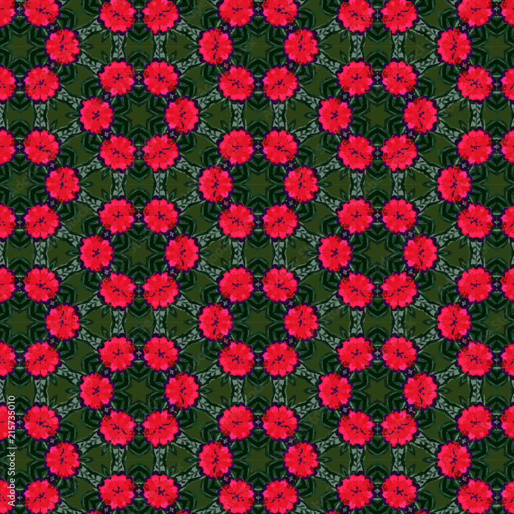 red, pink and purple flowers in a geometric circular repeating pattern ...