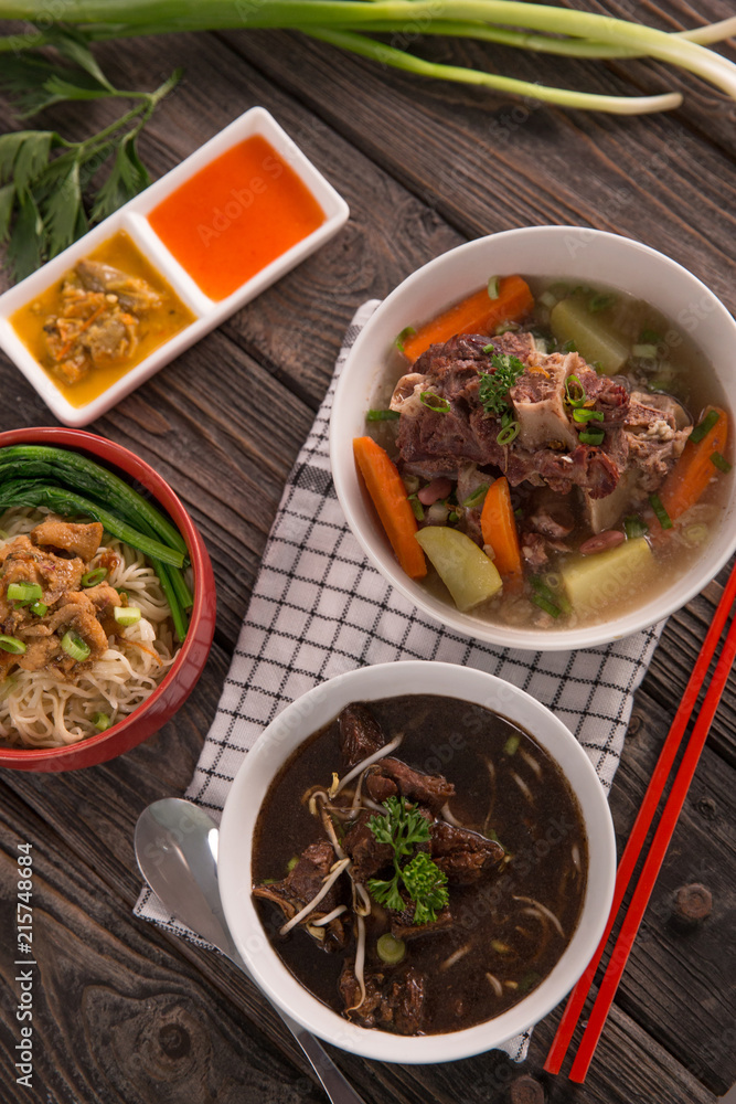 Rawon, sop buntut and mie ayam Stock Photo | Adobe Stock