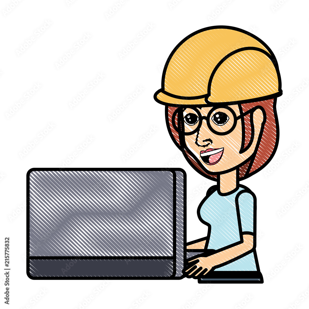 cartoon woman with safety helmet and using a laptop computer over white ...