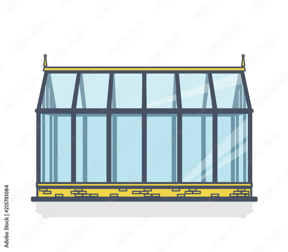 Outlined greenhouse with glass walls, foundations, gable roof and ...