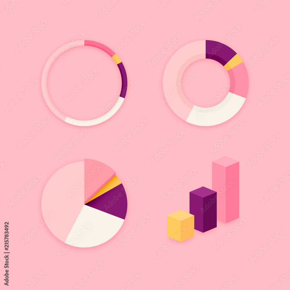 Stylish pink chart diagram vector set. Ring, pie, donut and column ...