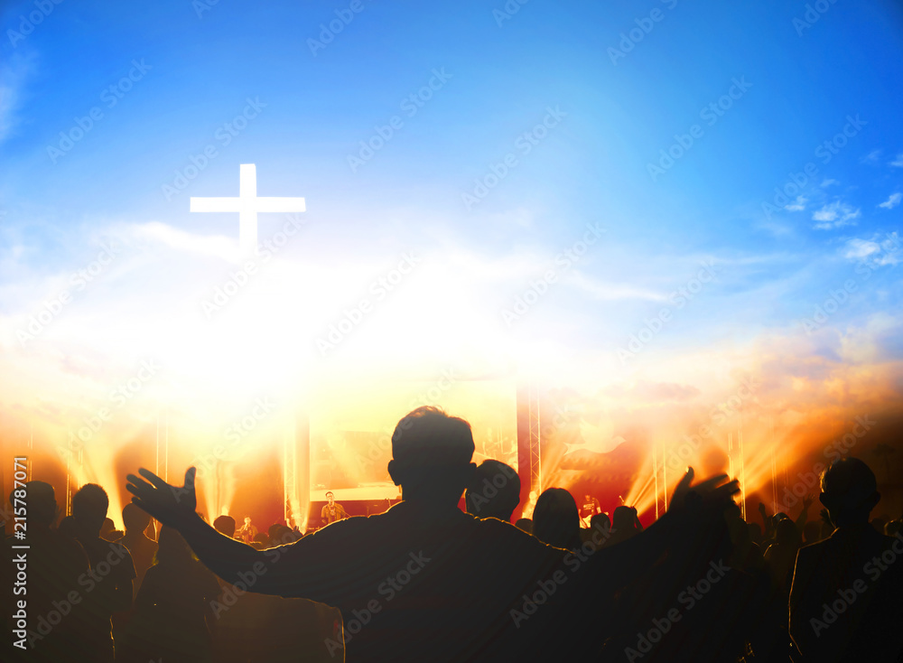 Church Worship Concept Christians Raising Their Hands In Praise And