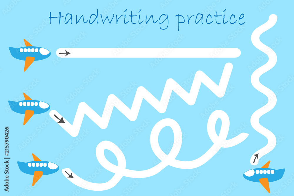 Handwriting practice sheet, draw track of planes in cartoon style, kids ...