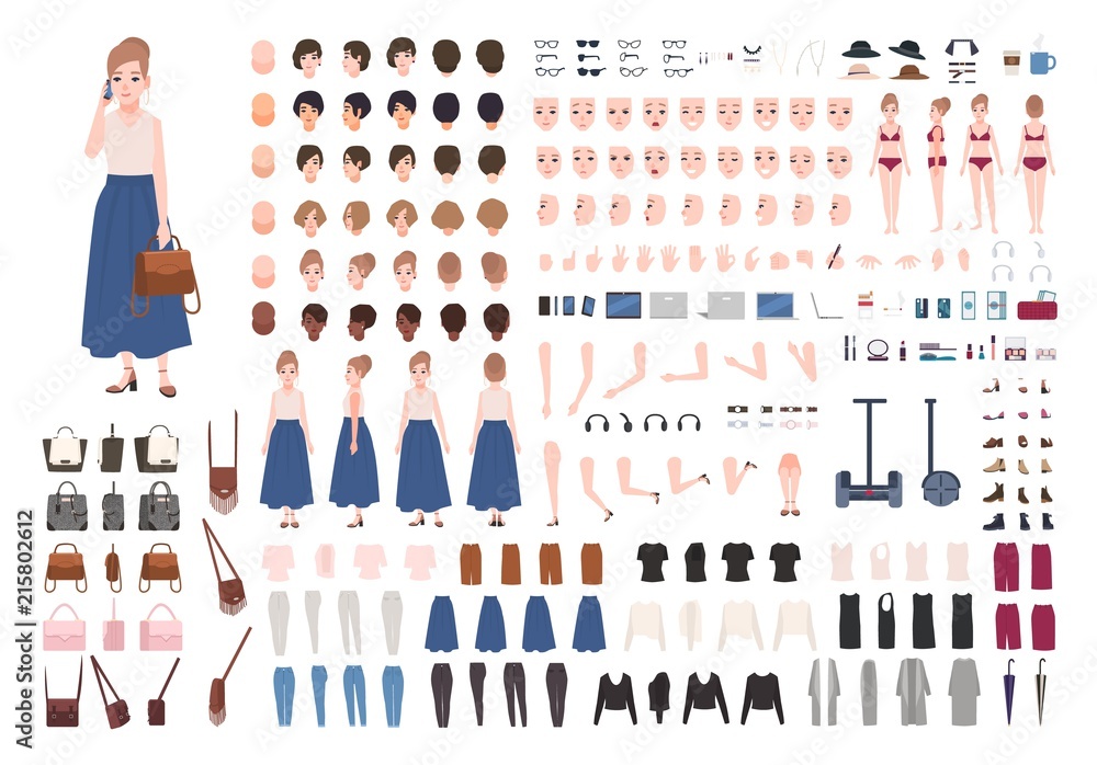 Modern young woman constructor or animation kit. Collection of female ...