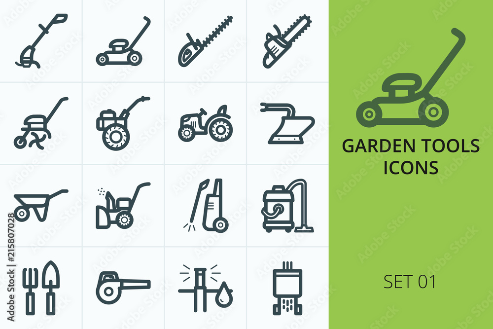 Garden tools icons set. Set of trimmer, lawn mower, high pressure Stock ...