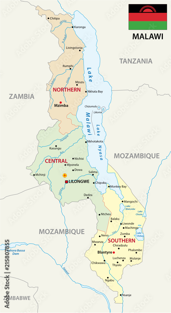republic of malawi administrativ and political map with flag Stock ...
