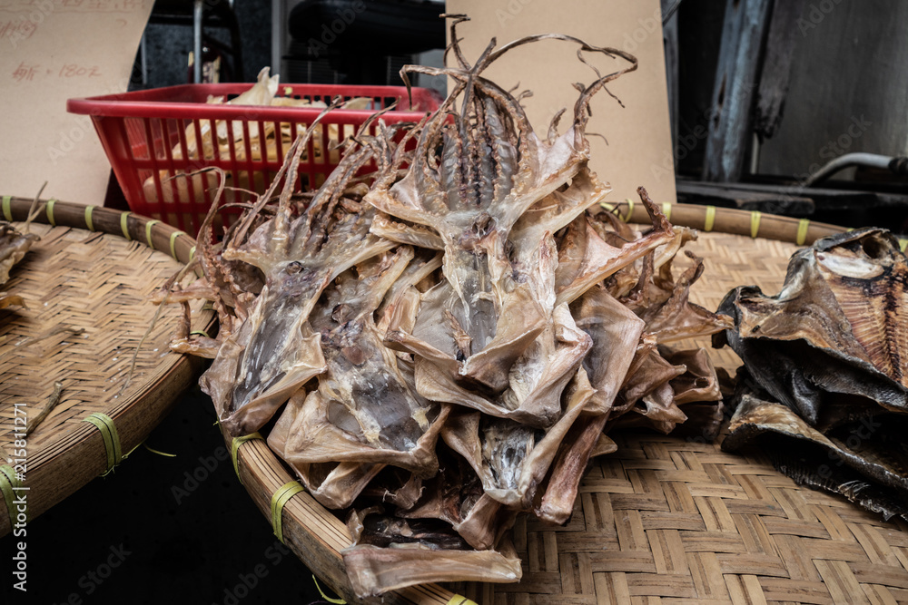 Dried cuttlefish in the market in the fishing village of Tai O, Lantau ...
