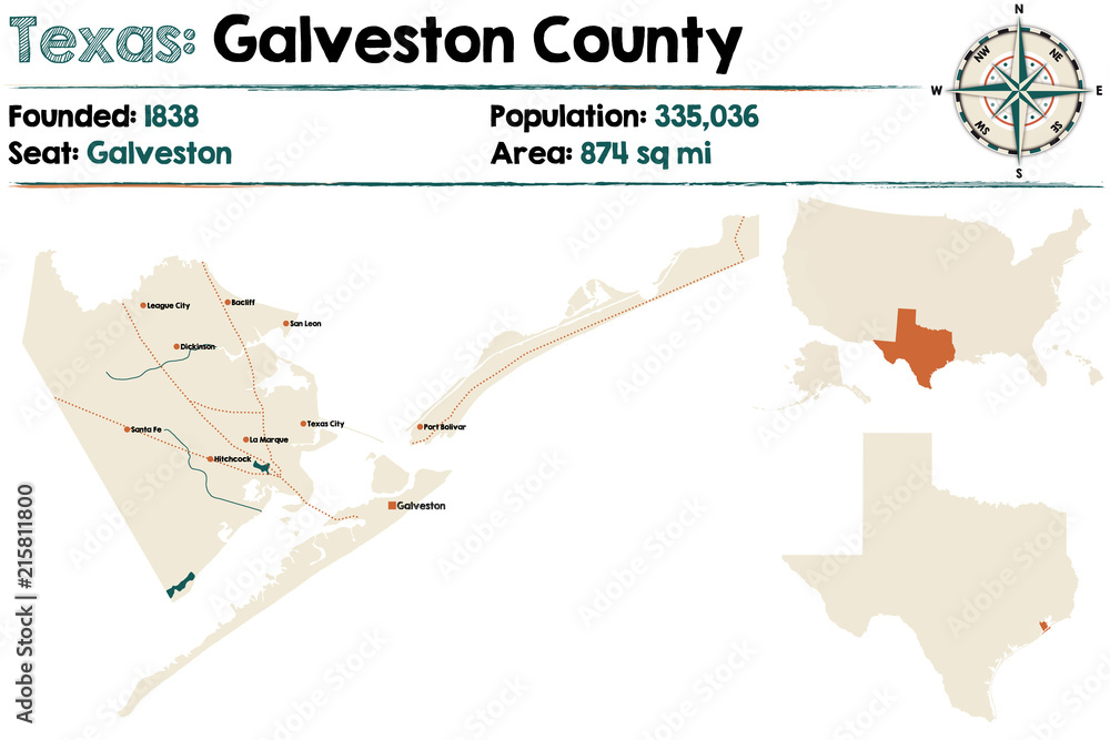 Detailed map of Galveston county in Texas, USA. Stock Vector | Adobe Stock