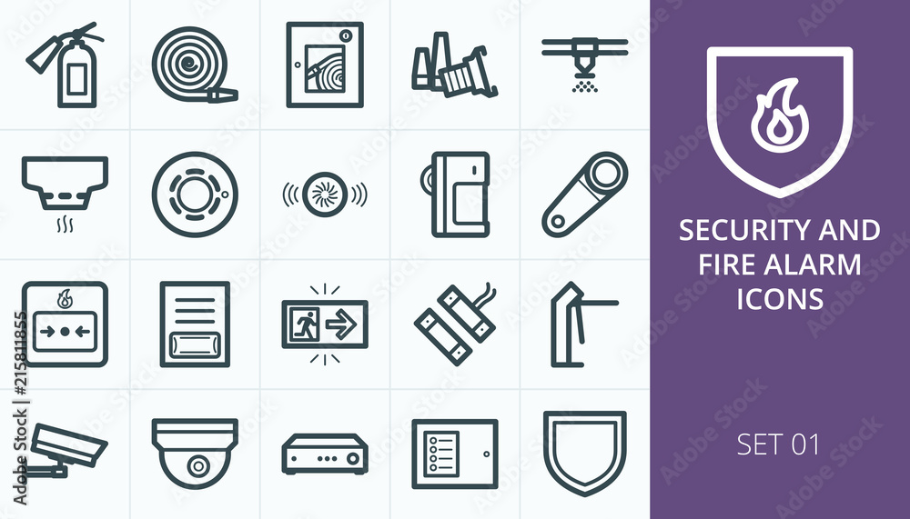Fire alarm and security system icons set - sensor, detector, sprinkler ...