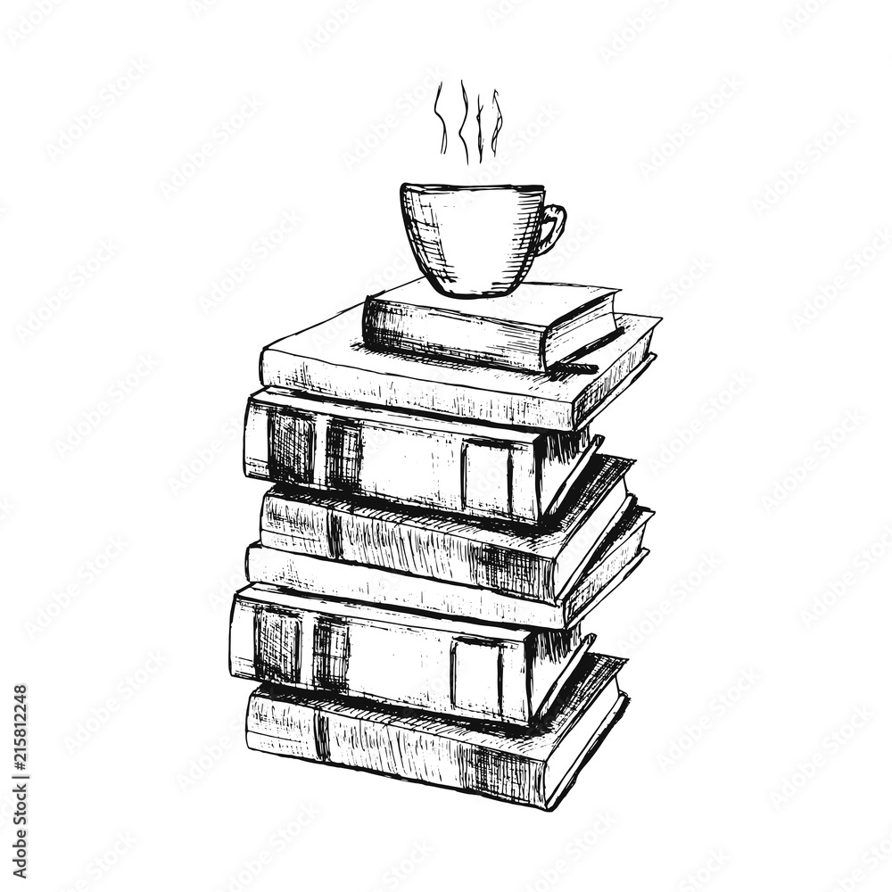 Vector sketch drawing illustration with books and cup of coffee Stock ...