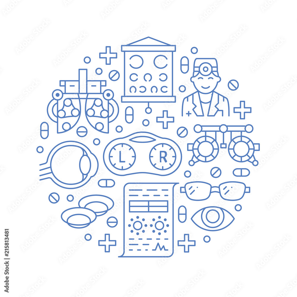 Ophthalmology, eyes health care circle porter with line icons ...