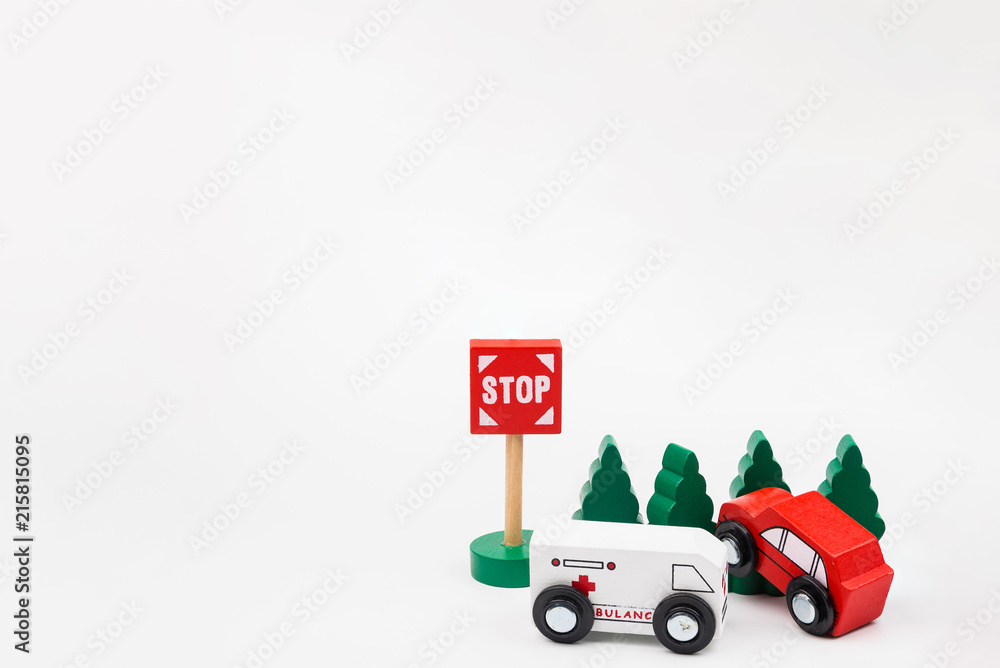 Wooded toy car are crashed. Accident road traffic with wooden toy cars ...