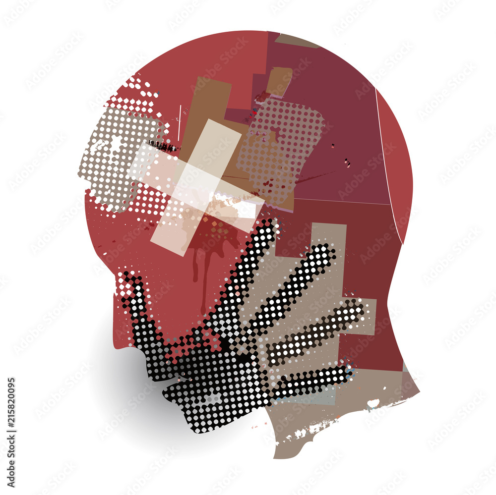 Man,Blood wound head, Victim of violence. Young man grunge silhouette ...