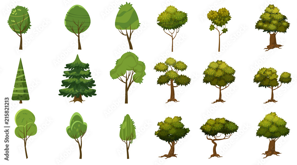 Set of trees of various kinds, cartoon style and stylized, for erg and ...