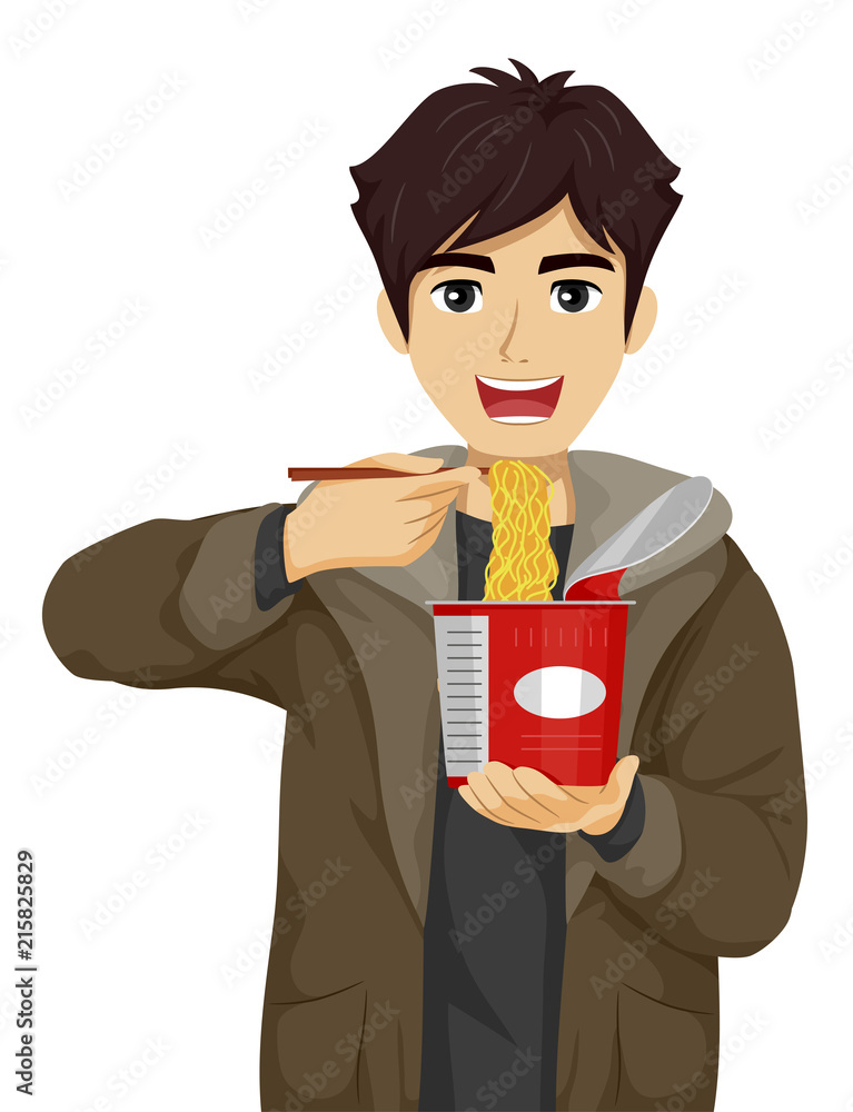 Boy Eating Noodles Cartoon