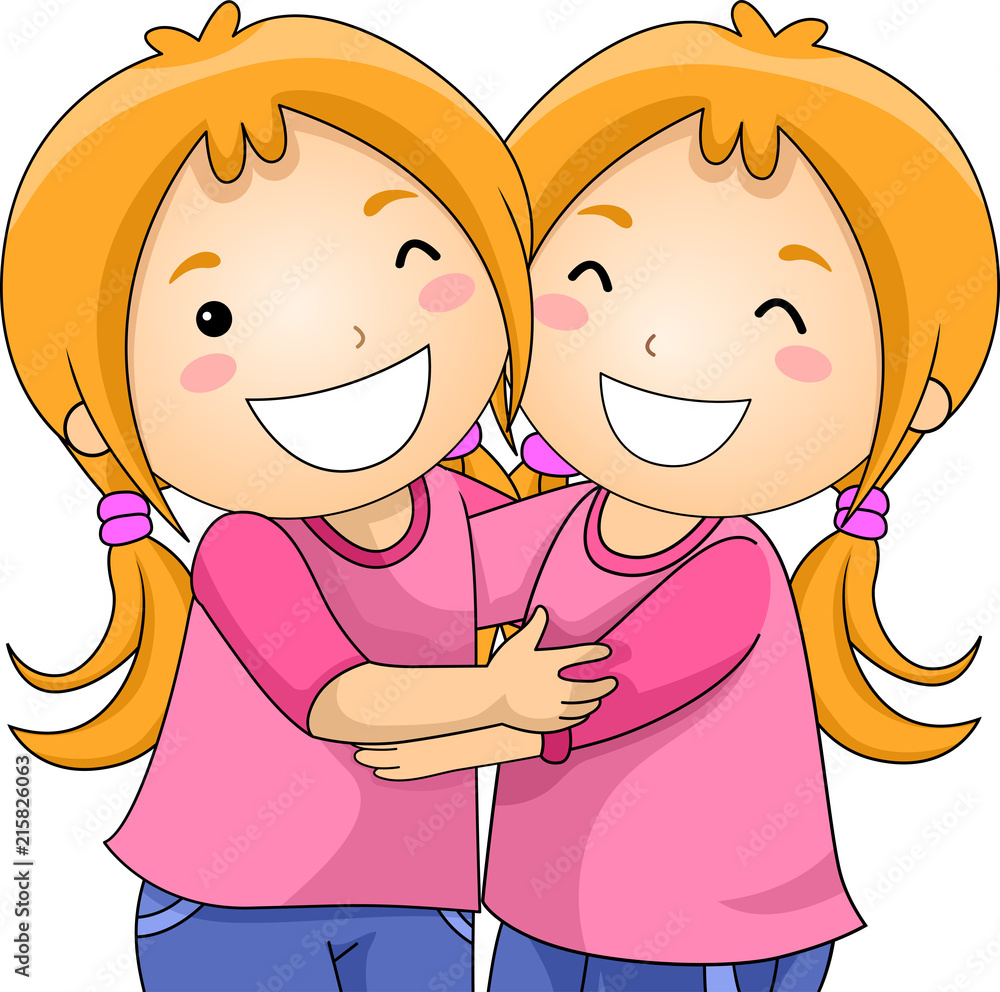 Kids Girls Twins Hug Illustration Stock Vector | Adobe Stock