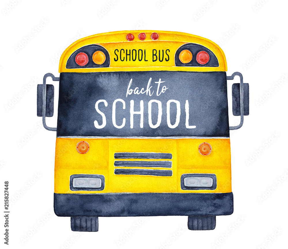 Cute colorful school bus watercolour illustration with phrase "Back to ...