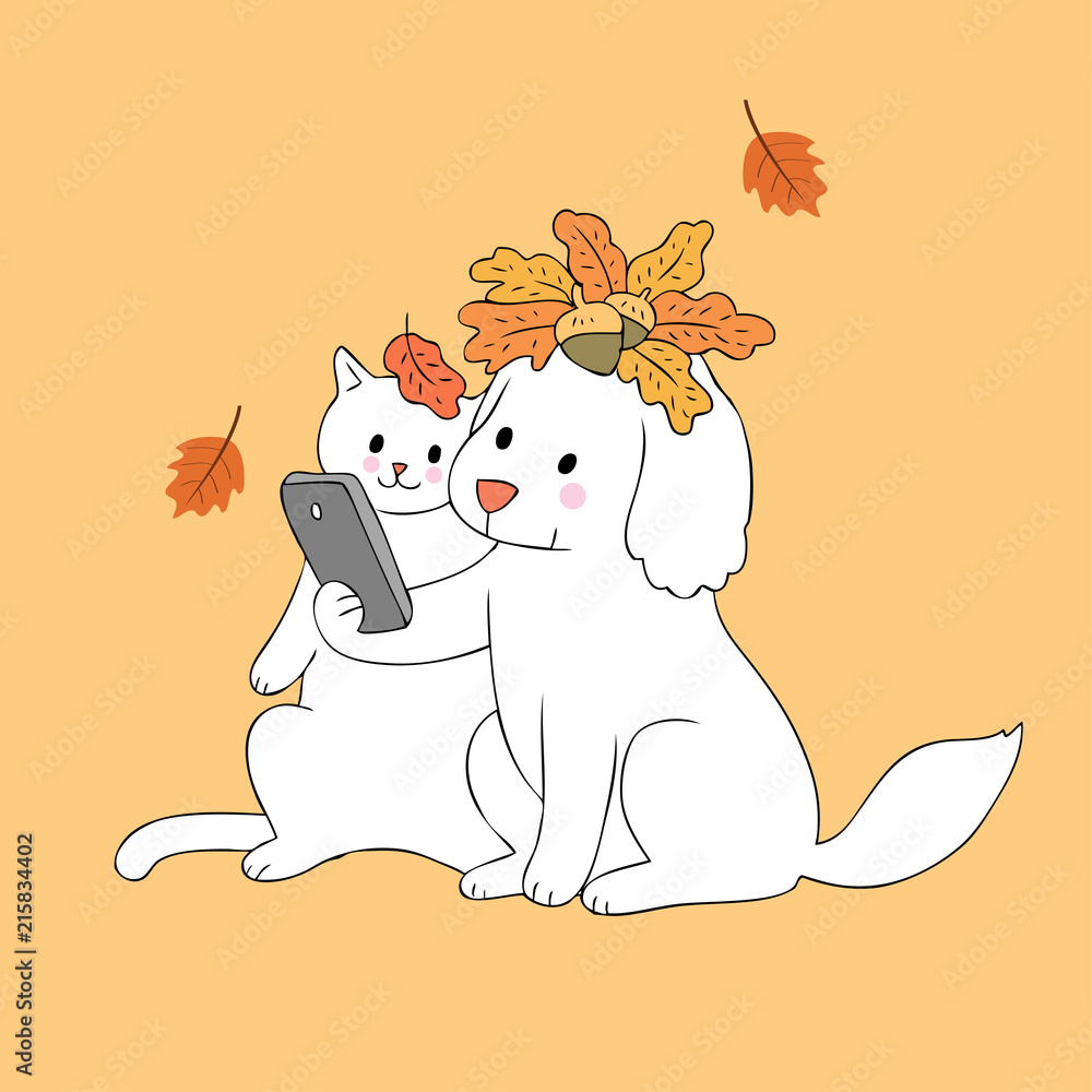 Cartoon cute Autumn dog and cat selfie vector. Stock Vector | Adobe Stock