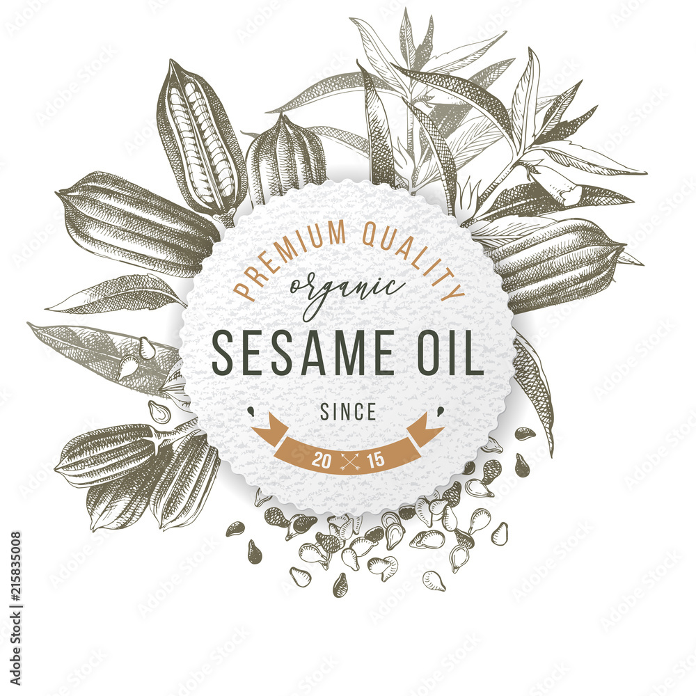 Emblem with type design, sesame plant and seeds Stock Vector | Adobe Stock
