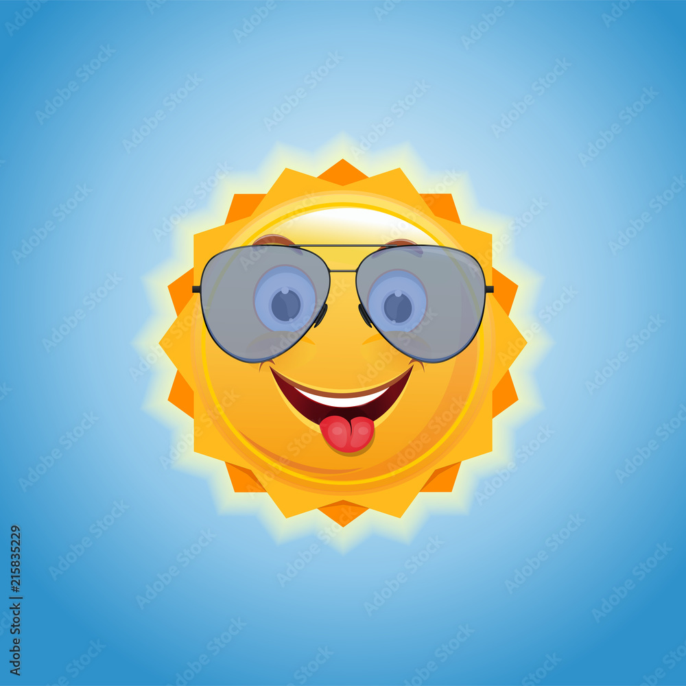 Joyful smiling sun in sunglasses. Cute cartoon sun laughs and shows ...