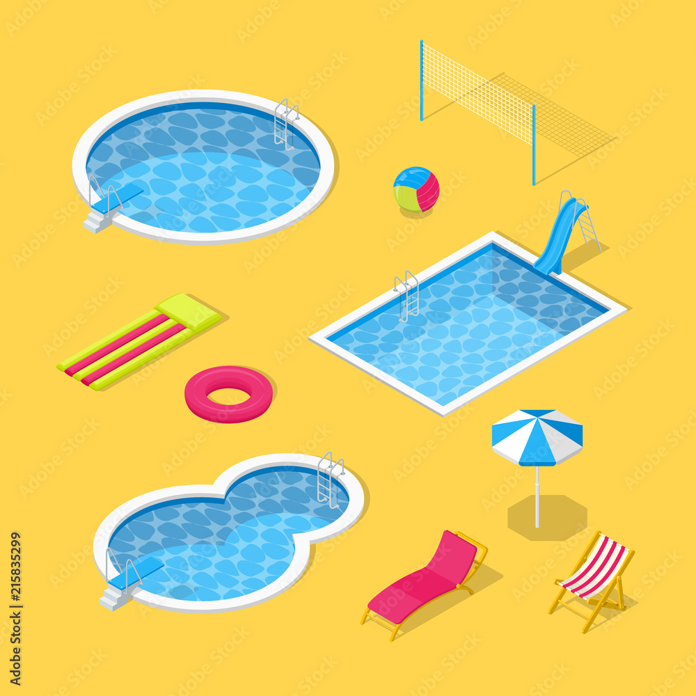 Outdoor swimming pool and water park vector 3d isometric icons and ...