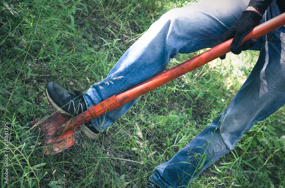 Man is digging a treasure chest with his shovel. Treasure hinting ...
