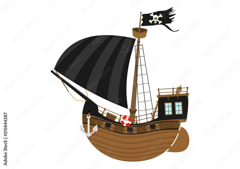 Cartoon pirate ship on a white background. Side view of fairytale ship ...