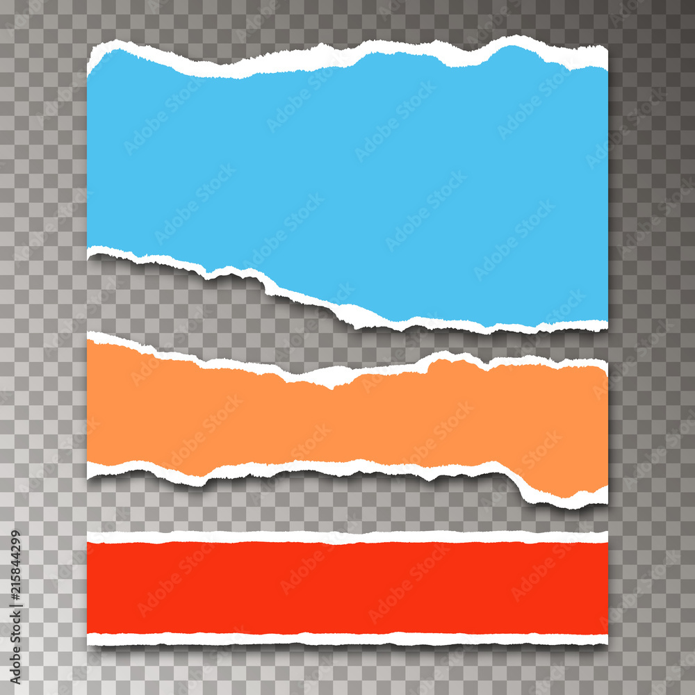 Pieces of color paper sheets with torn edges and shadow on transparent ...