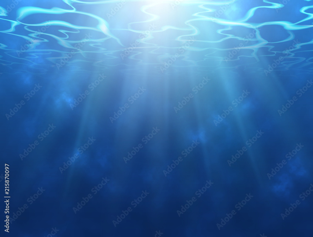Underwater background with sun rays. Water surface texture. Realistic ...