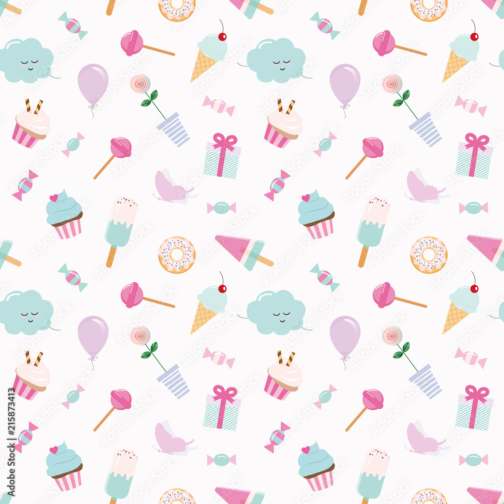 Girly pattern background with sweets and cute elements. Pastel pink and ...