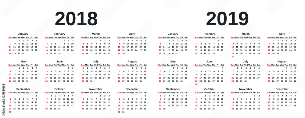 Calendar 2019, 2018 in simple style. Week starts Sunday. Vector ...