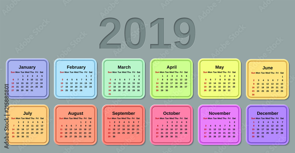 2019 Calendar. Week starts Sunday. Vector. Stationery 2019 template ...