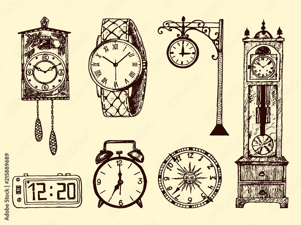Vintage classic pocket watch, alarm clock, hourglass and dial showing ...