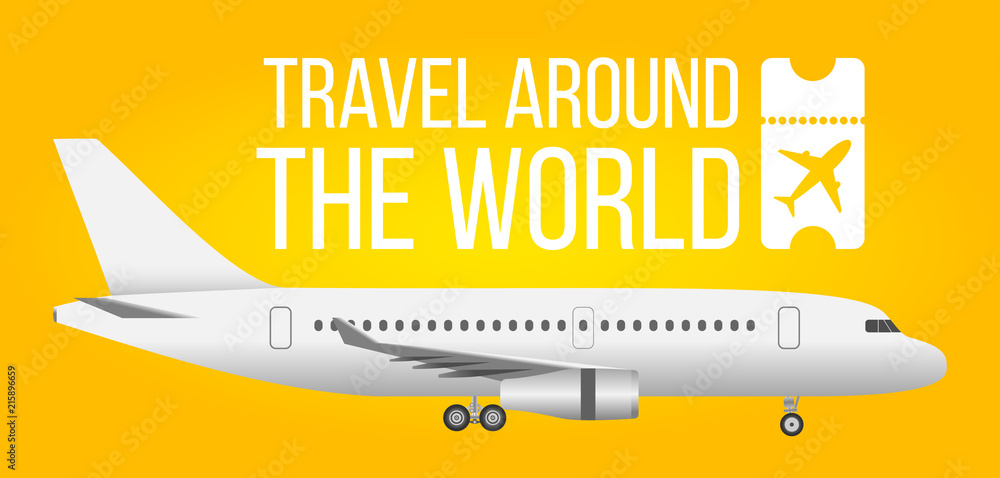 Traveling by airplane concept. Plane on bright yellow background ...