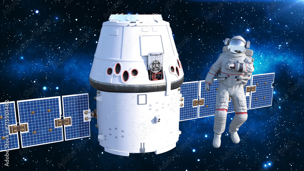 Astronaut with satellite checking air, cosmonaut in spacesuit floating ...