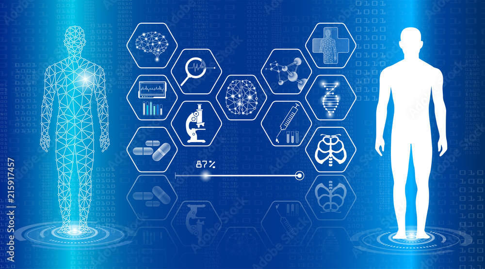 abstract background technology concept in blue light,brain and human ...