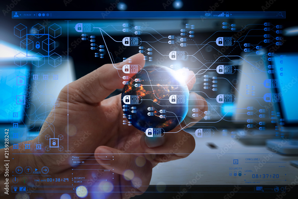 Blockchain technology concept with diagram of chain and encrypted ...