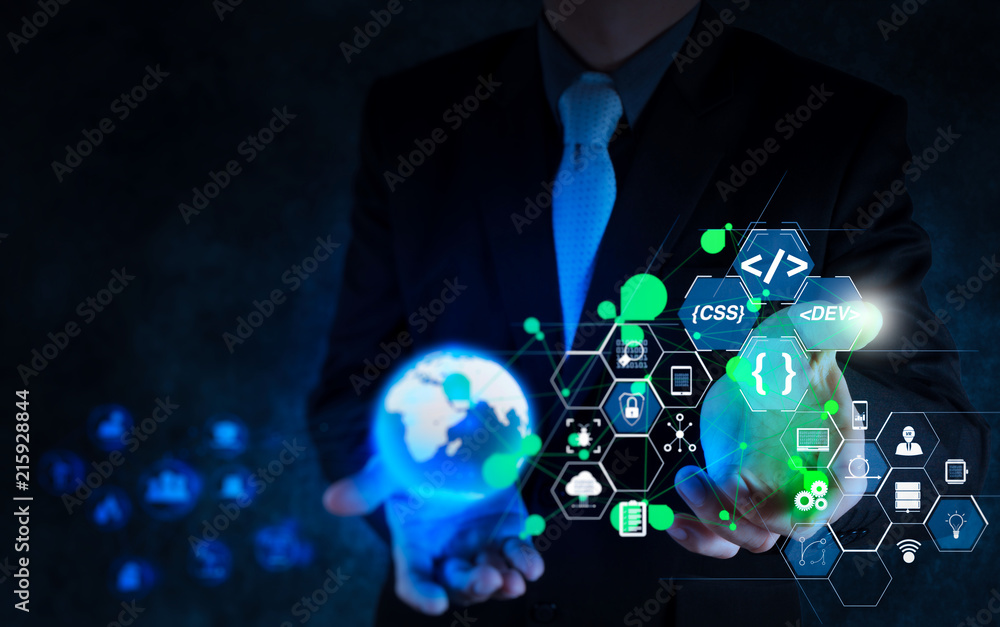 Coding software developer work with augmented reality dashboard computer icons of scrum agile ...