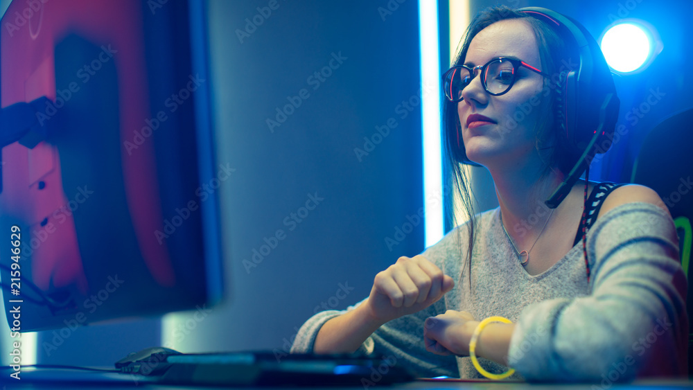 Beautiful Professional Gamer Girl Playing in Video Game on Her Personal ...