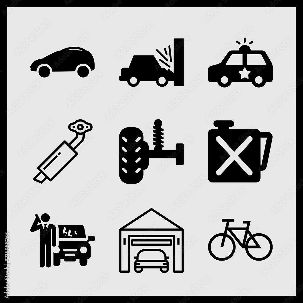 Simple 9 icon set of car related suspension, car crash, car with top ...