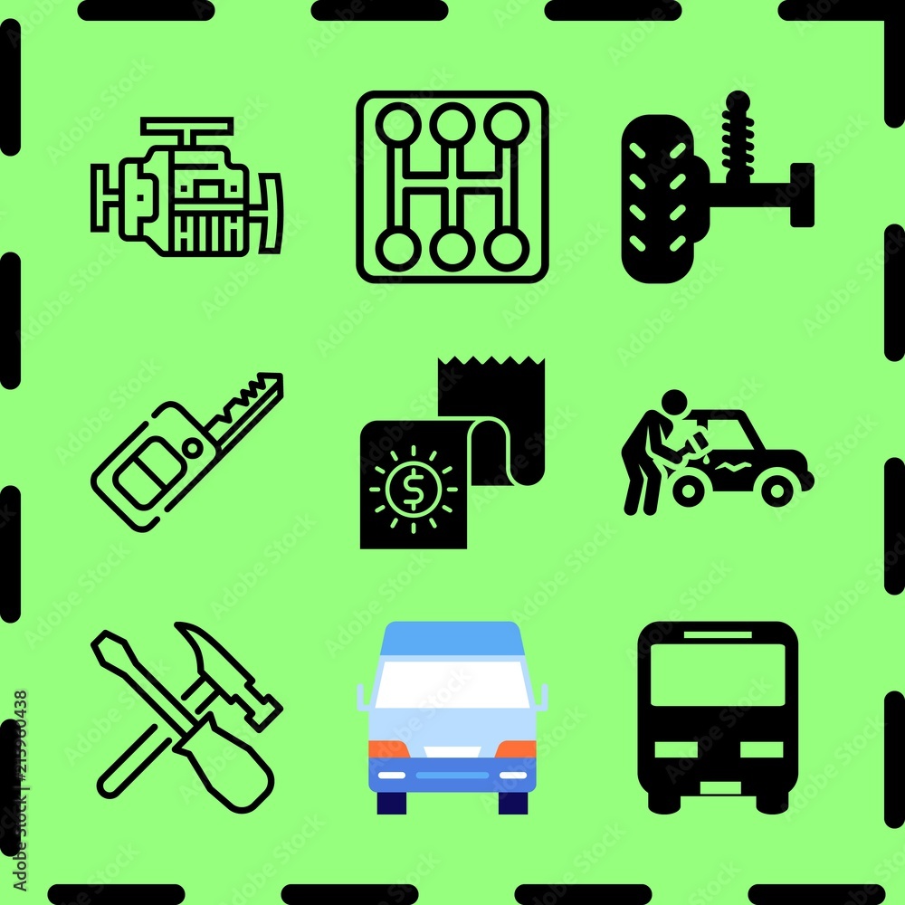 Simple 9 icon set of service related suspension, motor, bus vehicle and ...