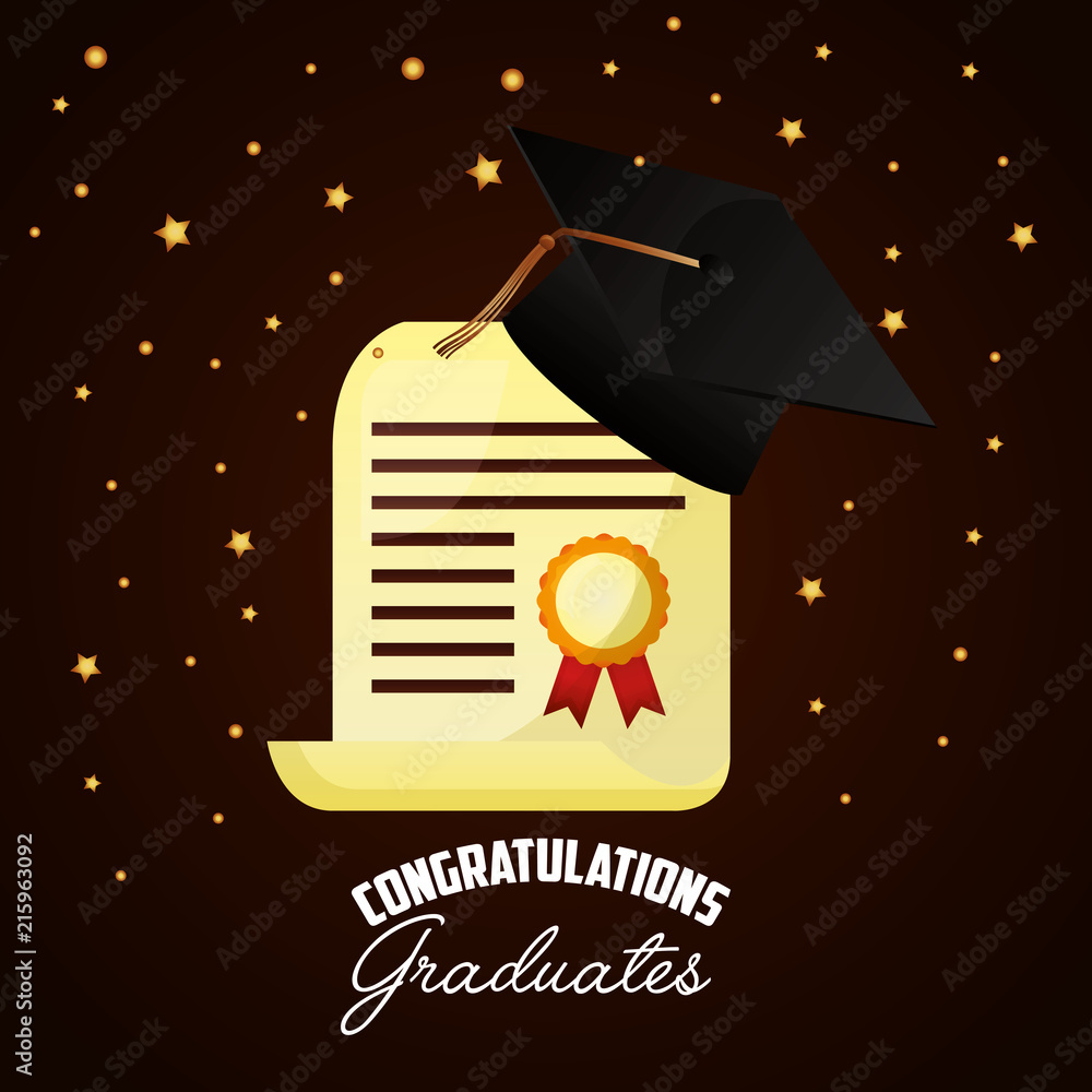 congratulations graduation certificate hat stars background vector ...