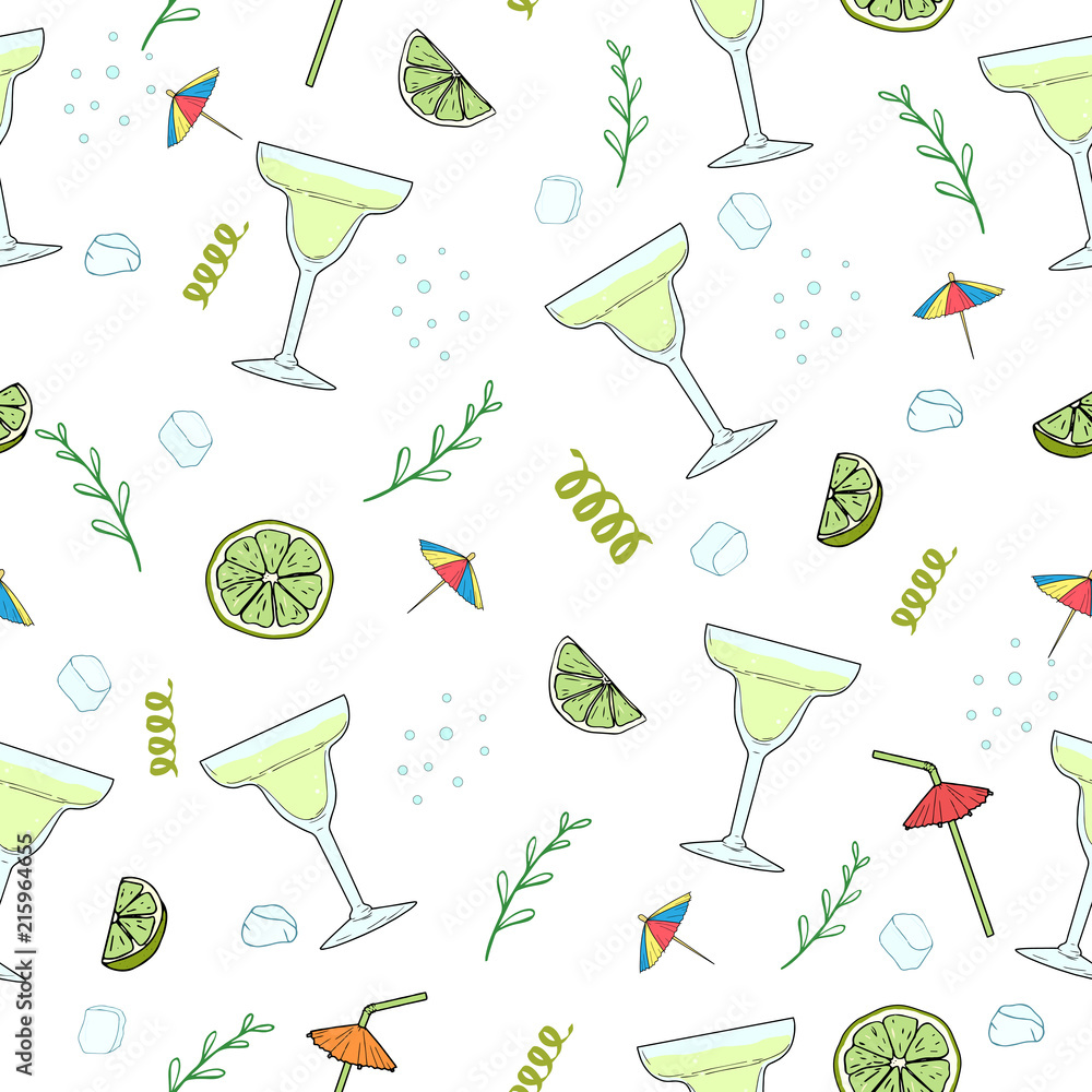Cocktail Margarita. Seamless pattern with hand drawn glass of fresh ...