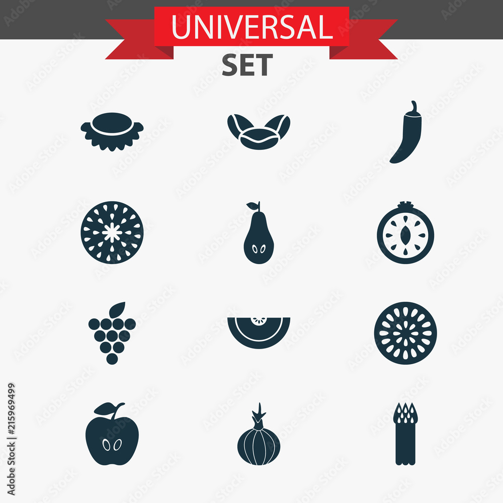 Fruit icons set with lychees, tomato slice, fig and other bunch ...