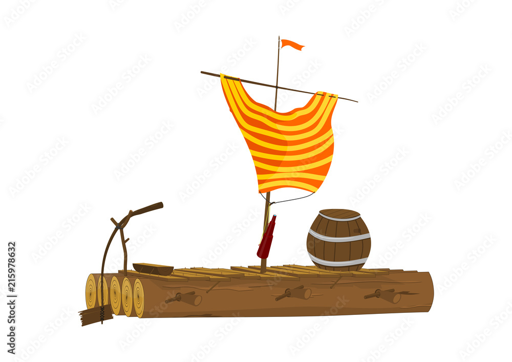 Cartoon raft with a barrel and a sail made of a shirt. Wooden raft ...