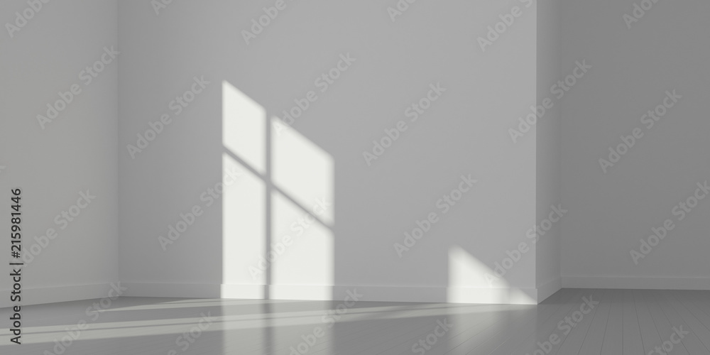 Stimulate image of empty white room and wood plank floor with sun light ...