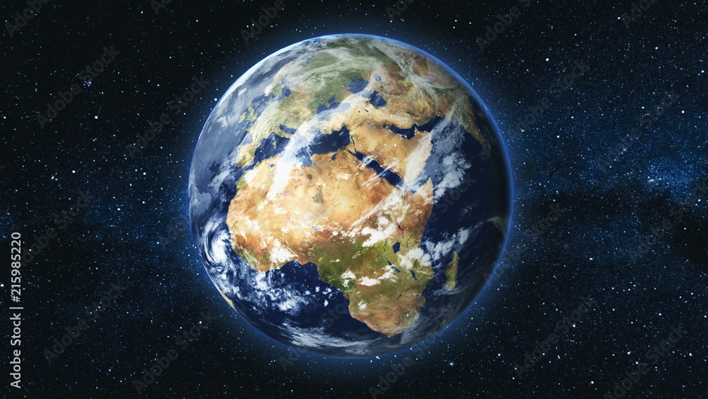 Realistic Earth Planet, rotating on its axis in space against the ...