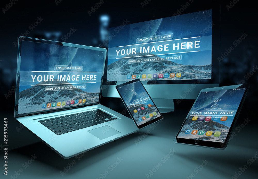 Floating Devices in Dark Interior Mockup Stock Template | Adobe Stock