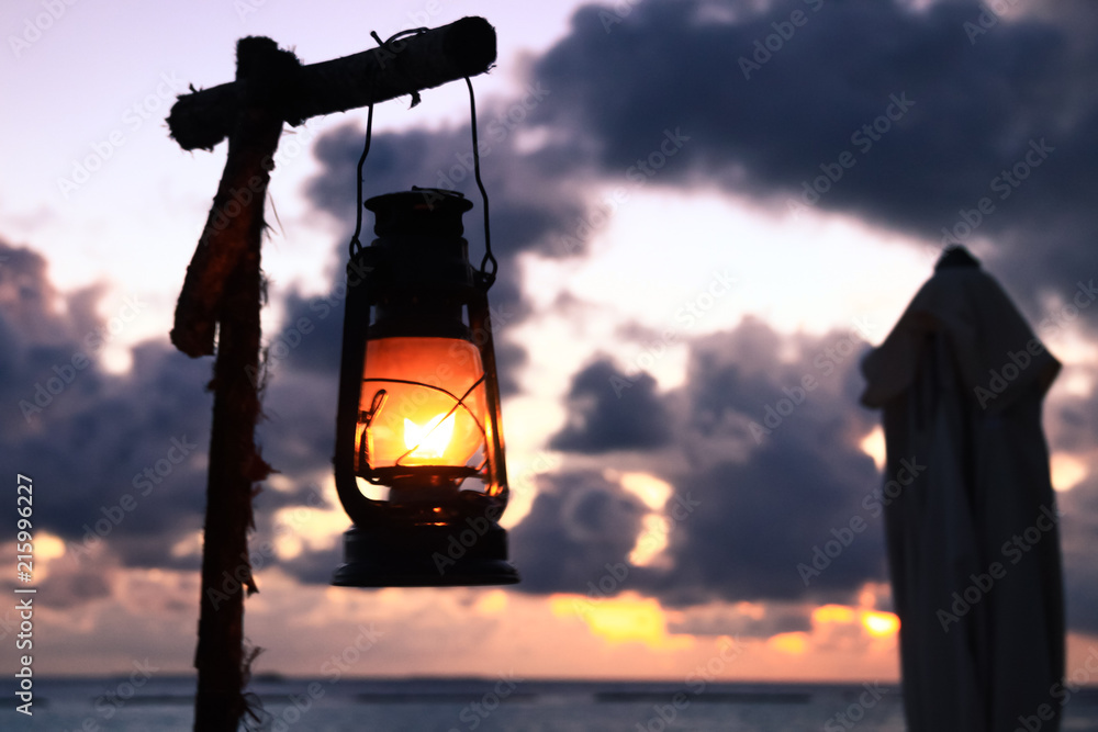 Beach Oil Lamp Lighting and Pacific Ocean at Dusk in Maldives Island ...